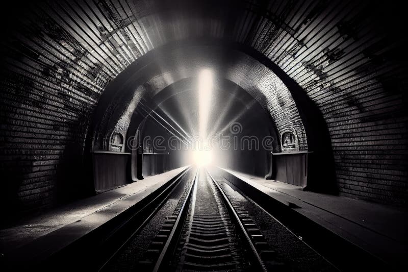 Back-lit Subway Tunnel, with Rays of Light Shining through the Darkness ...