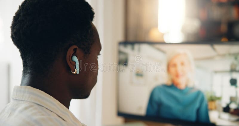 Back of Man, Computer and Video Call on Screen for Virtual Meeting ...