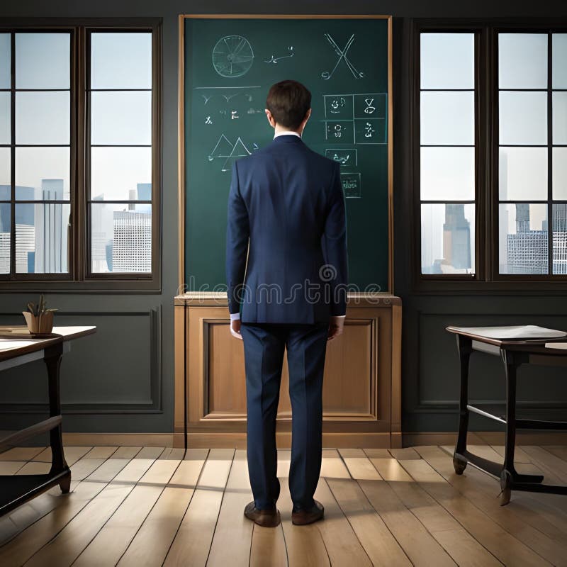 Back of Man in Navy Suit Looking at Equasions on a Blackboard Stock ...