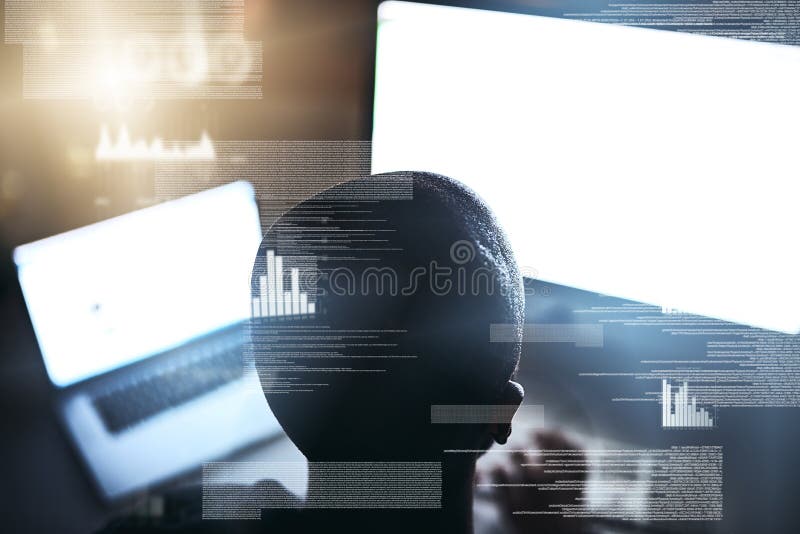 Back, Man, Overlay and Computer Screen As Hacker on Fraud or Cloning ...