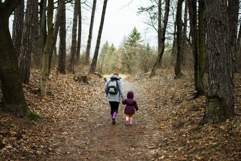 Back of Mom with Backpack and Daughter Walking Along the Forest after ...