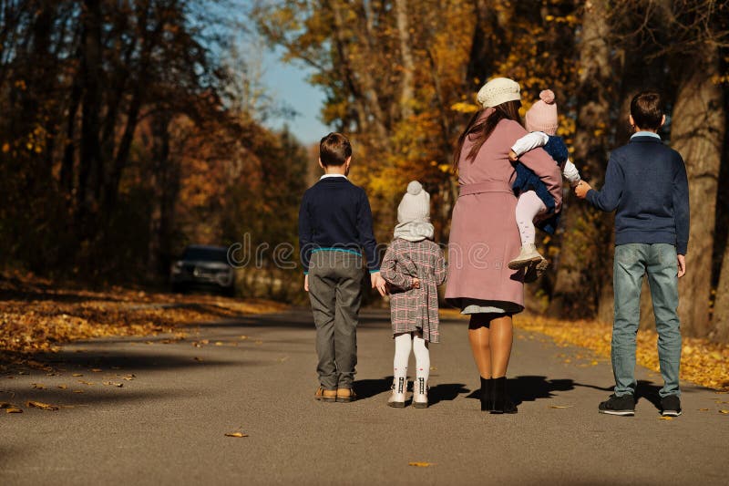 Back of Mother with Four Kids on Autumn Park Stock Image - Image of ...