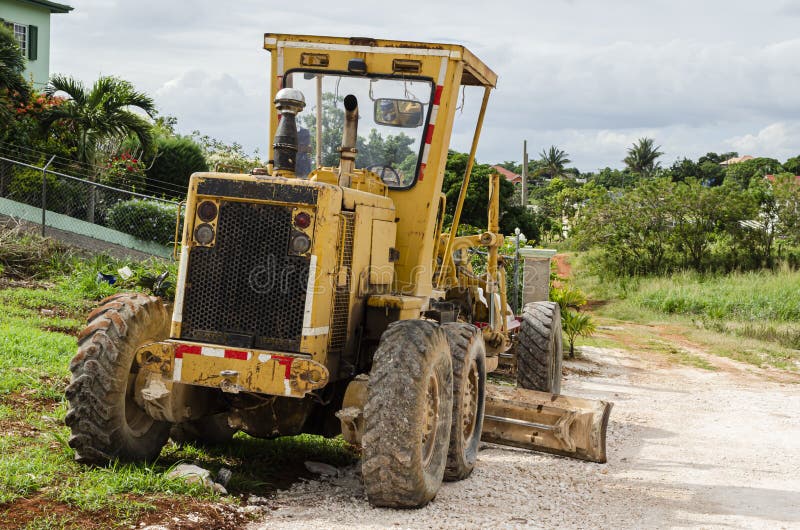 Parked Motor Grader and Road Roller Stock Photo - Image of compactor ...