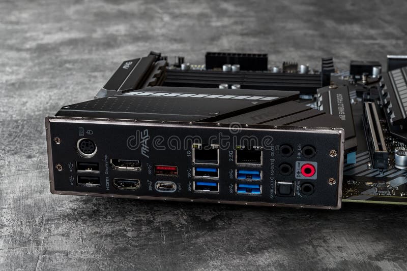 Back Panel Ports of MSI Mag Z490 Tomahawk Gaming Motherboard on a Dark ...