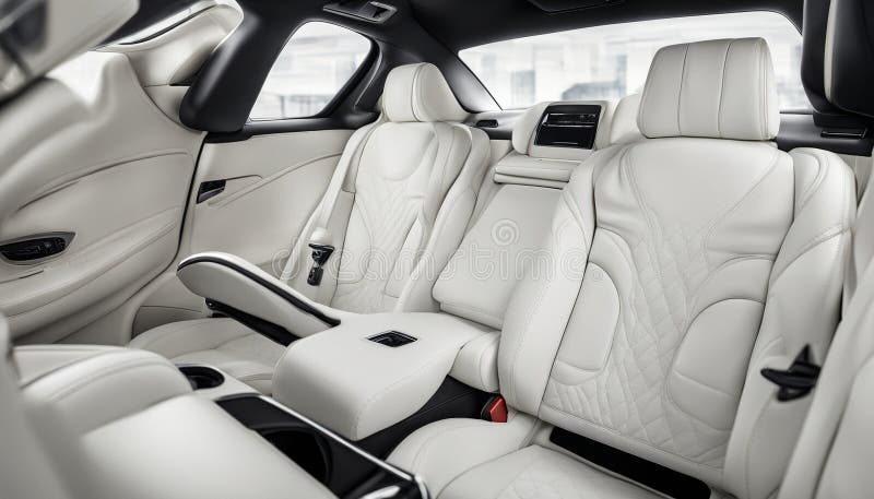 Back Passenger Seats in Modern Luxury Car, Frontal View, White Leather ...