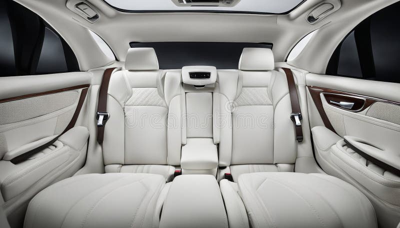 Back Passenger Seats in Modern Luxury Car, Frontal View, White Leather ...