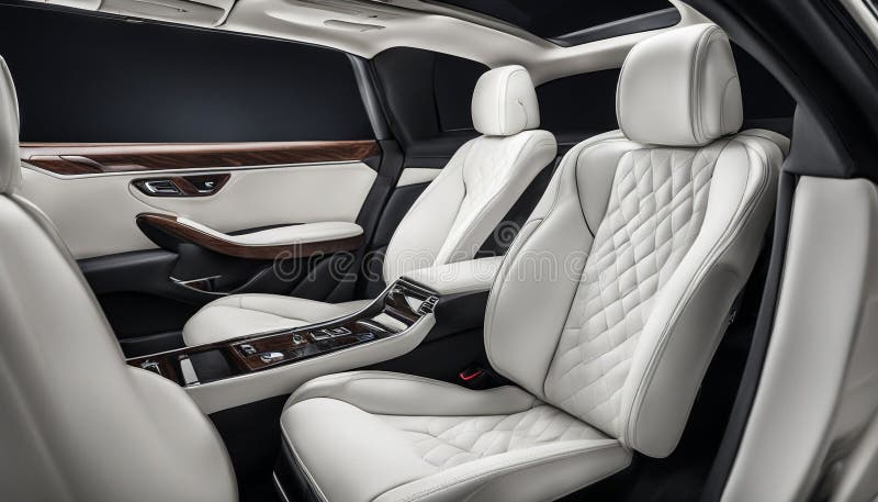Back Passenger Seats in Modern Luxury Car, Frontal View, White Leather ...