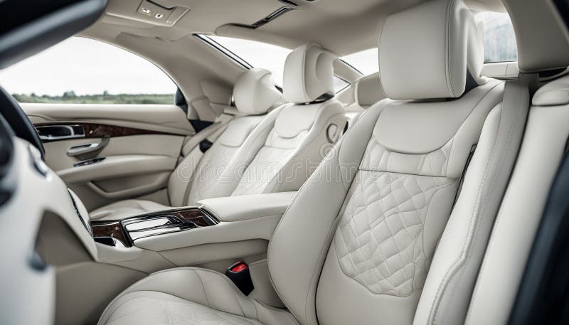 Back Passenger Seats in Modern Luxury Car, Frontal View, White Leather ...