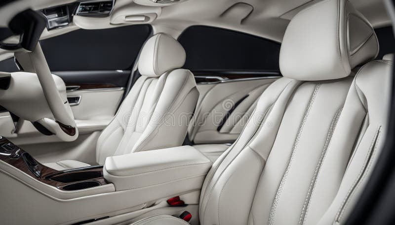 Back Passenger Seats in Modern Luxury Car, Frontal View, White Leather ...