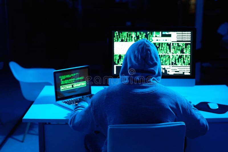 Back, Person or Hacker with Laptop in Dark for Cybercrime, Malware or ...