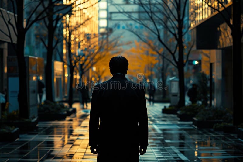 Back Photo a Businessman Walk between Buildings Stock Image - Image of ...