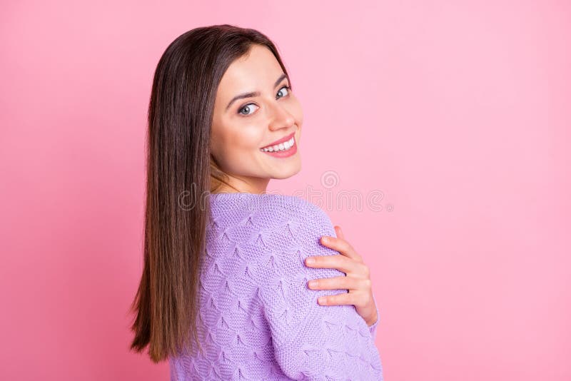 Back Portrait Of Optimistic Nice Girl Hug Herself Wear Lilac Sweater