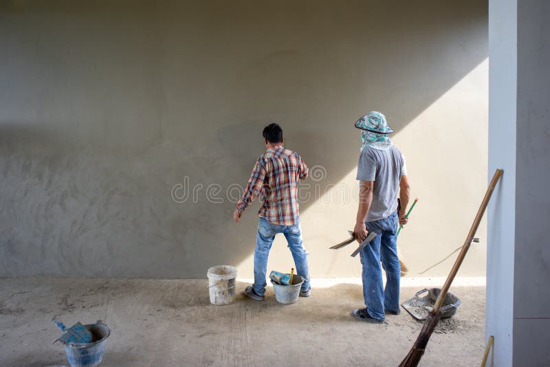 Back Portrait of Workers Plastering the Cement Texture Editorial ...