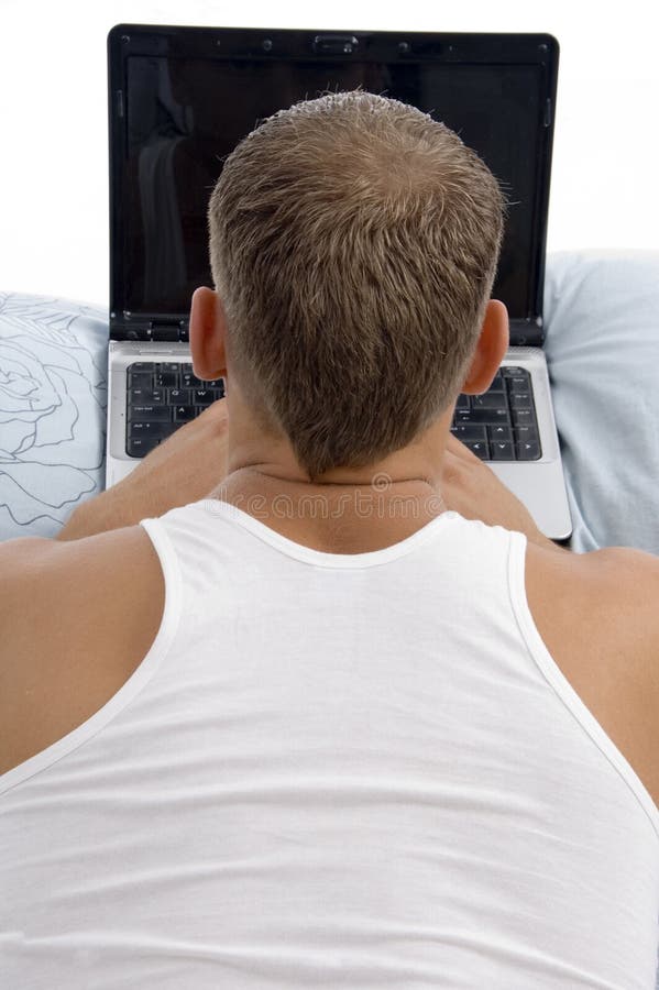 Back Pose of Man Working on Laptop Stock Image - Image of information ...