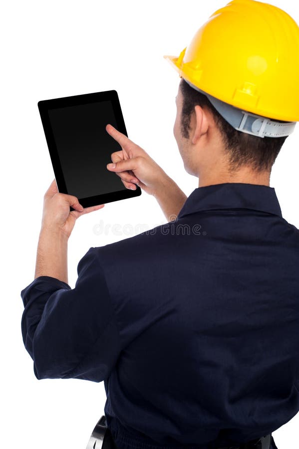 Worker Operating Tablet Device, Back Pose Stock Photo - Image of helmet ...
