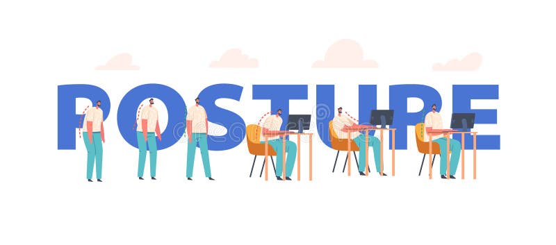 Back Posture Concept. Male Characters Standing and Sitting at Desk at ...