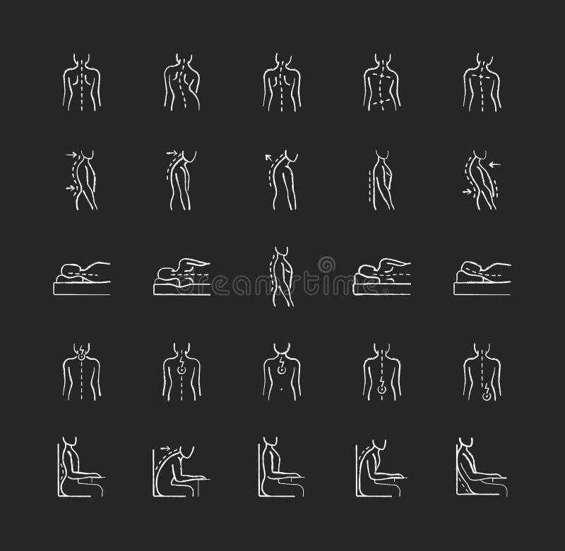 Back and Posture Problems Chalk White Icons Set on Black Background ...
