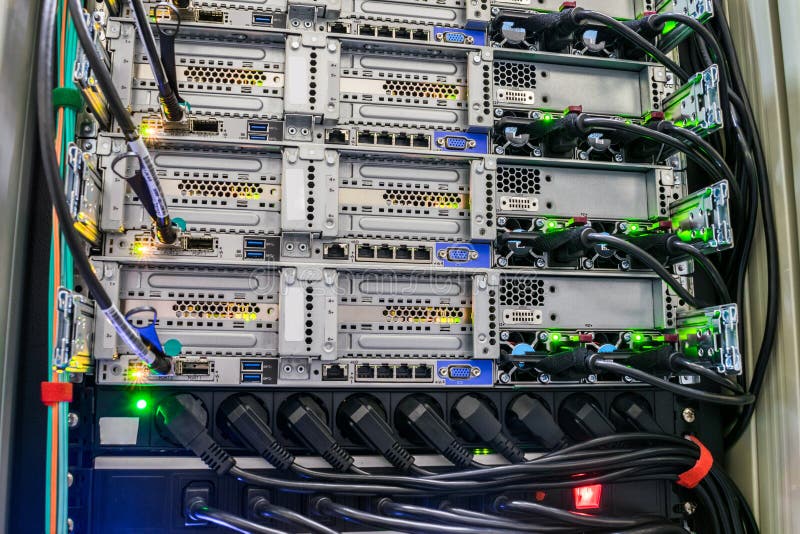 Back of the Powerful Computer Servers Installed in the Rack. Electrical ...