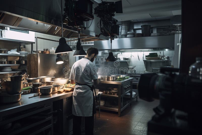 Back of Professional Chef Cooking in a Busy Restaurant Kitchen ...