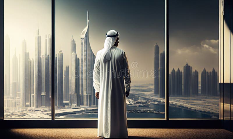 Back Rear View of Arab Man in Traditional Clothes Looking in Window ...