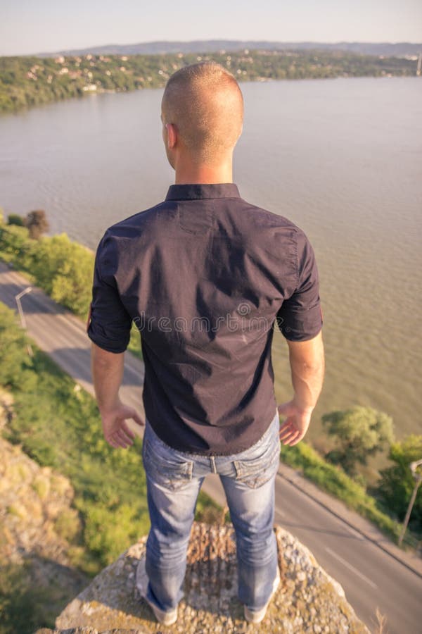 Back Rear View Freedom Man Standing High Above Stock Photo - Image of ...