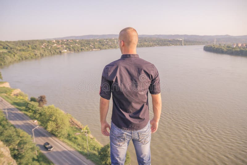 Back Rear View Freedom Man Standing High Above Stock Photo - Image of ...