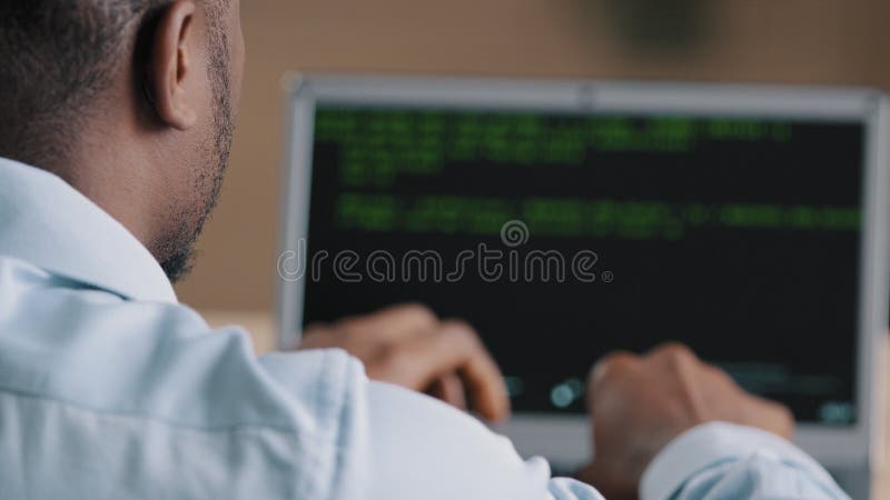Back Rear View of Unrecognizable African Young Man Working at Computer ...