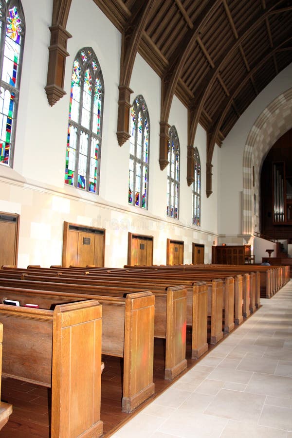 Back of Rows of Church Pews with Bibles Stock Image - Image of ...