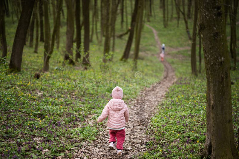 Back of Running Kids in Spring Forest Path. Happy Childhood Moments ...