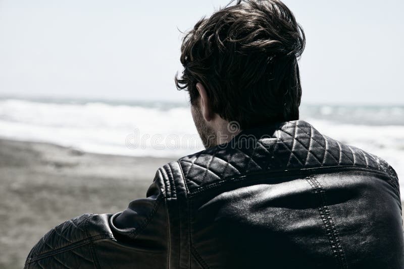 Back of Sad Man Looking Ocean in Winter Stock Image - Image of sadness ...