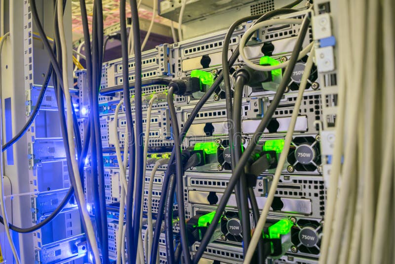 Back of the Powerful Computer Servers Installed in the Rack. Electrical ...