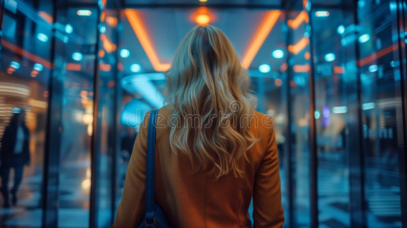 Back Shot of Businesswoman Stepping into Sleek Elevator in Contemporary ...
