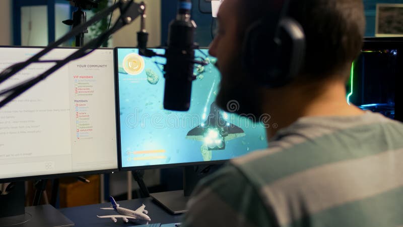 Back Shot of Streamer Man Playing on Powerful Computer Stock Image ...
