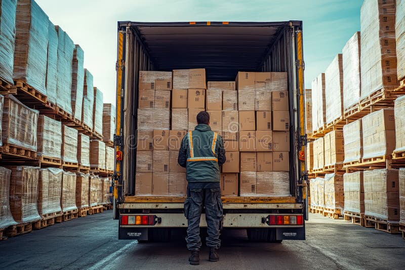 Back Shot of a Worker Loading a Large Delivery Truck at a Distribution ...