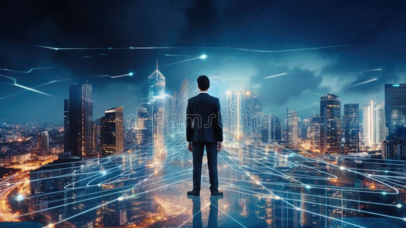 Back Side View Businessman on Future Network City, Success and Research ...