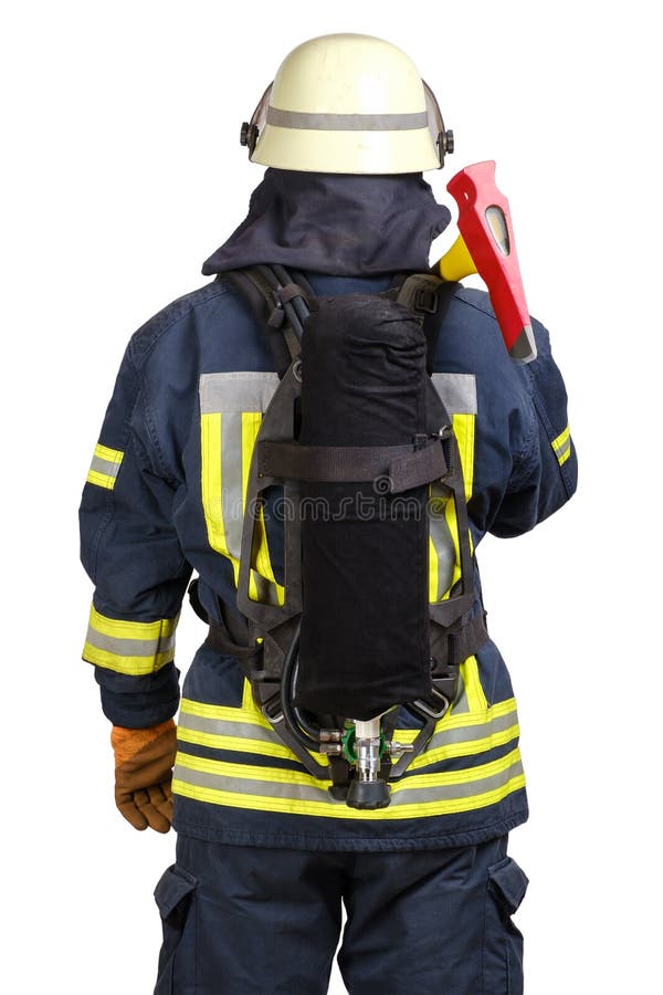 Man in Uniform of Firefighter Posing in Profile with Air Tank Stock ...