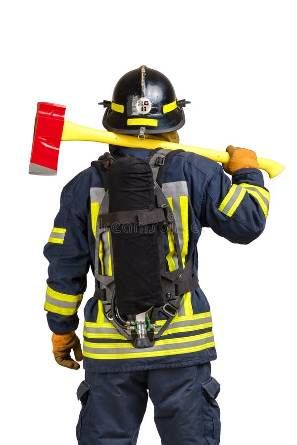 Back Side View of Walking Firefighter in Fire-proof Uniform Stock Photo ...
