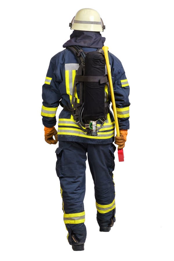 Back Side View of Walking Firefighter in Fire-proof Uniform Stock Photo ...