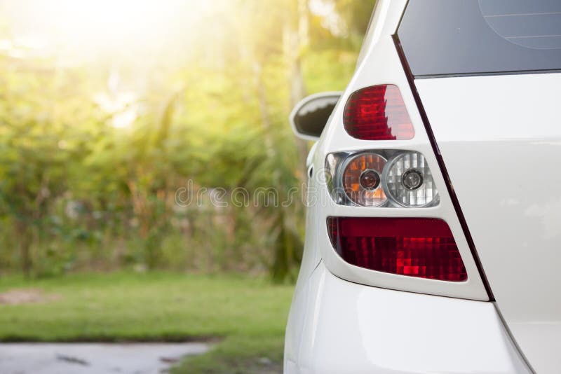 Back side of white car. stock image. Image of autumn - 111280897