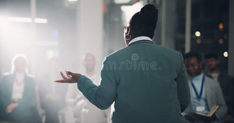 Back, Speaker and Woman with Presentation for Crowd Speech, Workshop ...