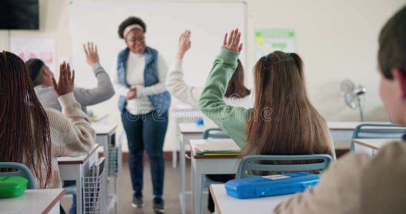 Back, Students and Raised Hand for Question in Classroom with Answer ...