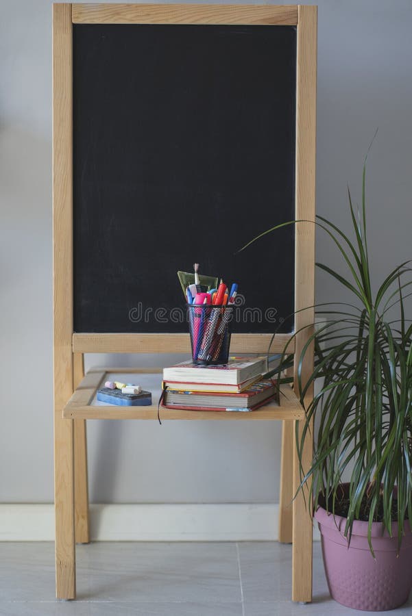 Back To School Background with Books and Pencils Over Blackboard Stock ...