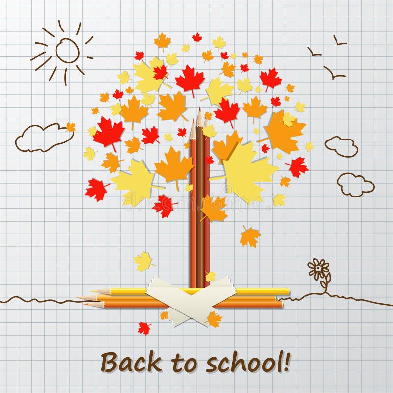 Back To School Background or Card with Pencils, Tree and Sun. Stock ...