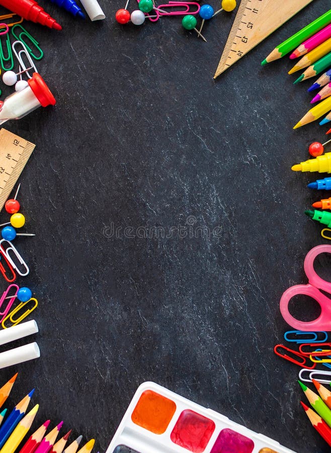Back To School Background. School Supplies on Black Chalk Board Stock ...