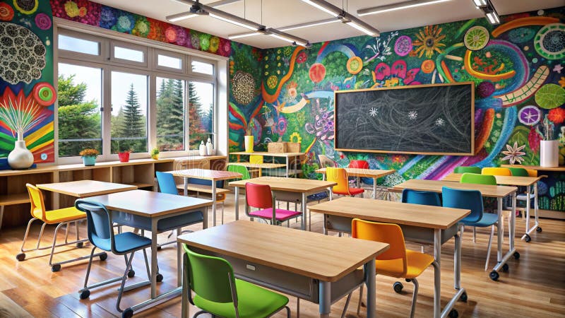 Back To School Background a Vibrant Classroom with Desks Chairs Stock ...