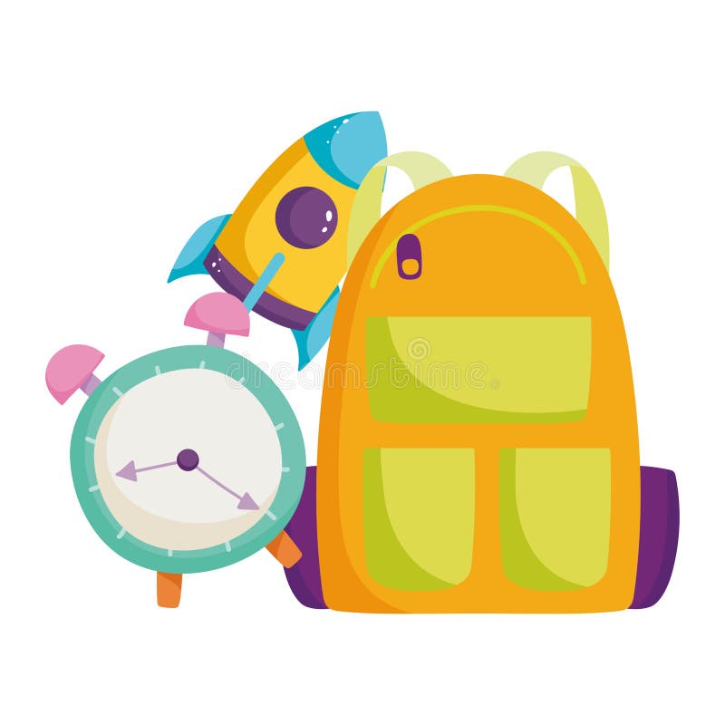 Back To School, Backpack Clock and Rocket Elementary Education Cartoon ...