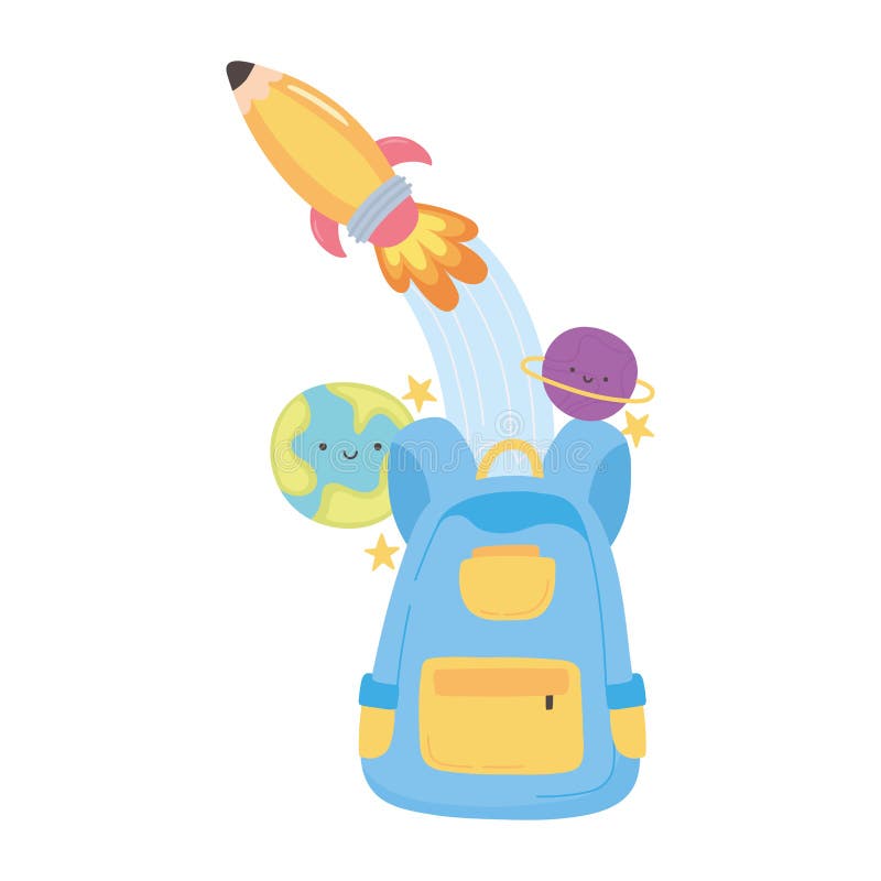 Back To School, Backpack Rocket and Planets Education Cartoon Stock ...