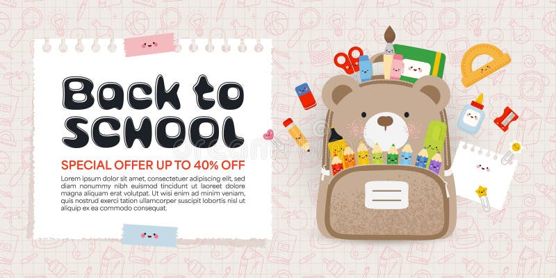 Back To School Banner with Backpack. Cute Vector Illustration in Flat ...