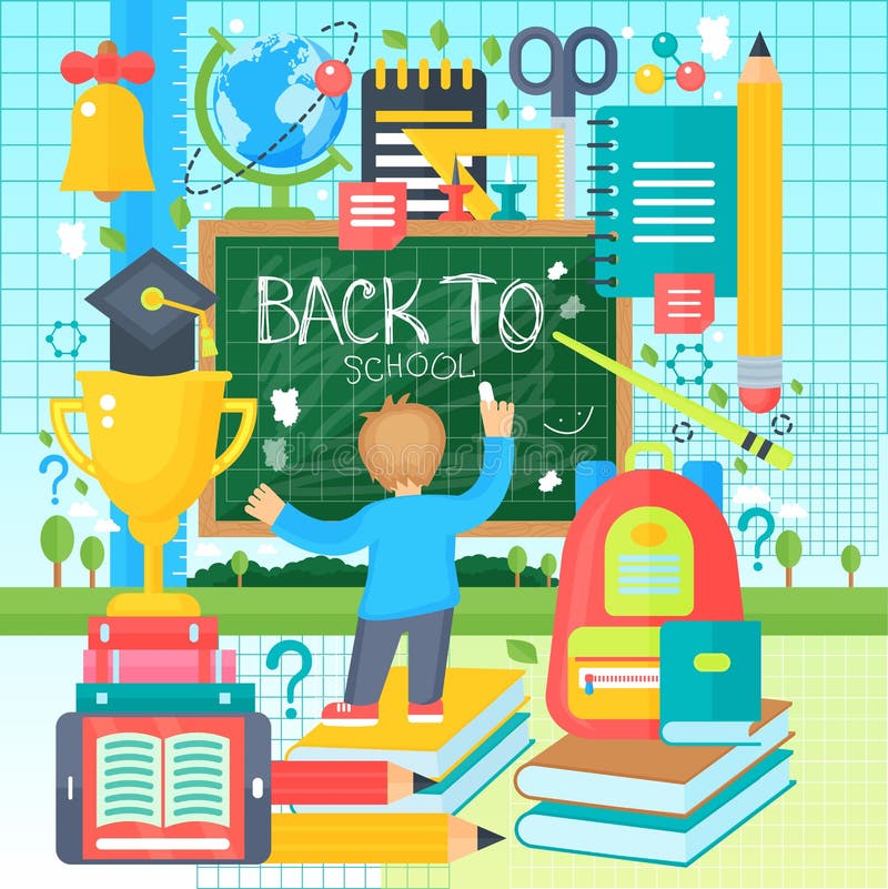 Back To School Banner with Boy Drawing on the Chalkboard. Vector Flat ...