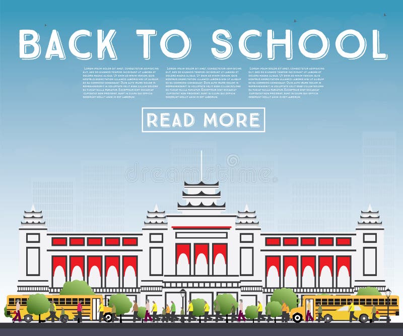 Back To School. Banner with School Bus, Building and Students Stock ...